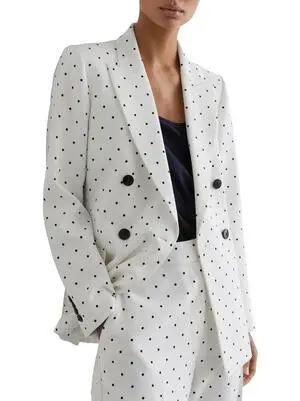 REISS Beatrix Polka Dot Double-breasted Blazer - White/navy