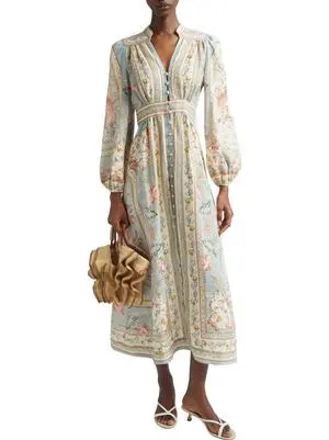 Zimmermann Roselight Plunge Long Sleeve Linen & Silk Midi Dress - Blue Tapestry Floral