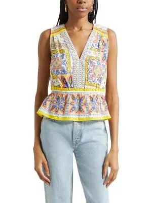 RAMY BROOK Ramy Brook Lyra Tile Print V-Neck Cotton Peplum Top