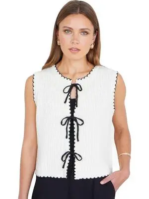YUMI Knitted Bow Trim Waistcoat - Ivory
