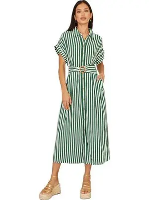 YUMI Stripe Print Belted Midi Shirt Dress - Green
