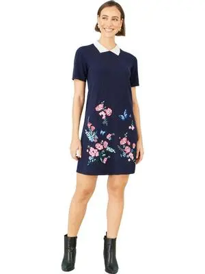 YUMI Embroidered Floral Tunic Dress - Navy