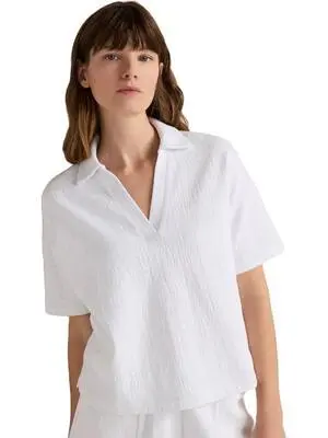 HAVEN WELL WITHIN Cotton French Terry Johnny Collar Top - White