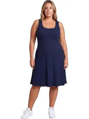 24SEVEN COMFORT APPAREL Ribbed Knit Sleeveless Scoop Neck Pocket A-line Midi Dress - Navy