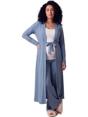 24SEVEN COMFORT APPAREL Maternity Ribbed Knit Tie Waist Jacket And Wide Leg Pant Set - Blue