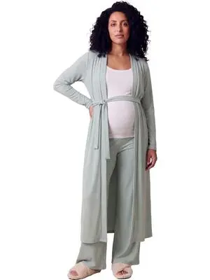 24SEVEN COMFORT APPAREL Maternity Ribbed Knit Tie Waist Jacket And Wide Leg Pant Set - Mint