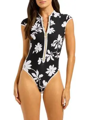Seafolly Cap Sleeve Zip Front One-piece Swimsuit - Black