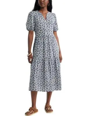 Caslon Puff Sleeve Tiered Cotton Gauze Midi Dress - Ivory- Navy Crown Floral