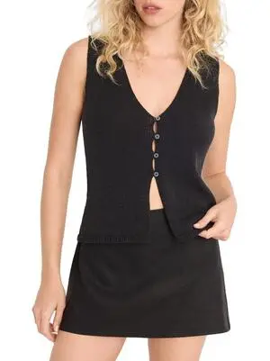 Good American Knit Cotton Blend Button-up Tank - Black001