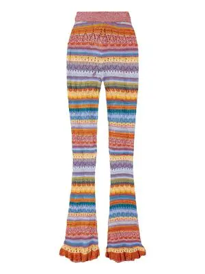 Etro Multicolor Striped Open-knit Cotton Flared Pants With Ruffle Trim - Red