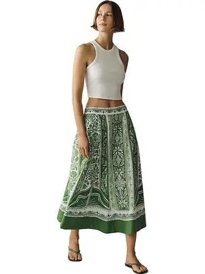Farm Rio Pleated Midi Skirt - Green Delicate Tapestry