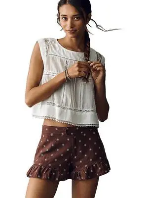 Anthropologie Linen Ruffle Shorts - Brown Pattern