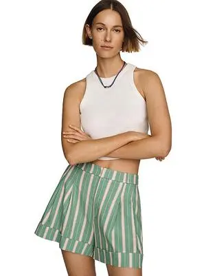 Maeve European Flax Linen Cuffed Shorts - Green Stripe