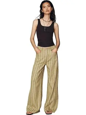 PILCRO Adi Linen Cotton Mid-rise Flare Pants With Stripes - Olive Combo