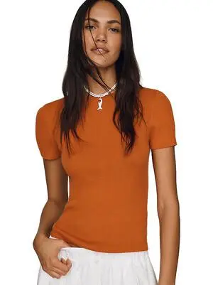 Maeve Maeve Short-Sleeve Ribbed Cashmere Sweater Terracotta