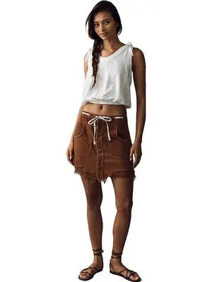PILCRO Pilcro Drawstring Denim Mini Skirt With Button Front And Raw Hem Rust