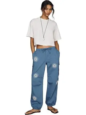 PILCRO Cotton Balloon Cargo Pants With Drawstring Waist - Blue Pattern