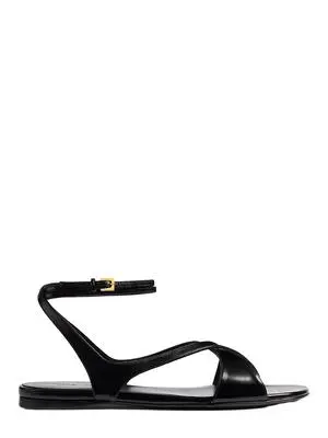 Khaite Liria Glazed Leather Ankle Strap Flat Sandals - Black