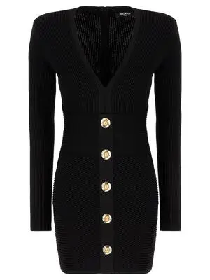 Balmain Ribbed Knit Dress With Gold Tone Buttons - Multicolor