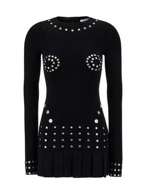 Off-White Knit Dress With Studded Embellishments And Pleated Skirt - Multicolor