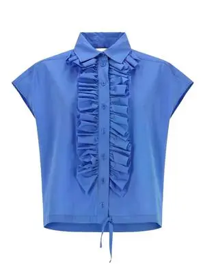 NUDE Ruffled-neck Drawstring-hem Shirt - Blue
