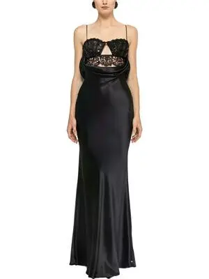 NISSA Lace-panel Satin Maxi Dress - Black