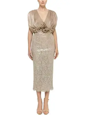 NISSA Floral Detail Lace Midi Dress - Grey