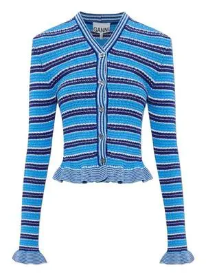 GANNI Striped Ruffle Knit Cardigan - Blue