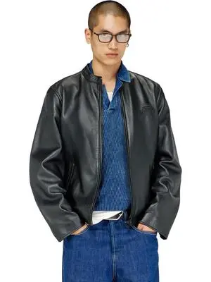 DIESEL® Waxed Leather Biker Jacket With Embossed Logo - Black