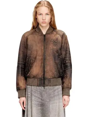 DIESEL® Distressed Leather Bomber Jacket - Brown