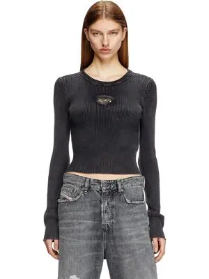 DIESEL® Cropped Ribbed Jumper With Cut-out Logo Detail - Black