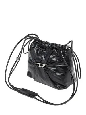 DIESEL® Scrunch D Bucket Bag In Shiny Wrinkled Leather - Black