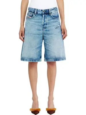 DIESEL® Relaxed Fit Fluid Denim Bermuda Shorts With Abrasions - Blue