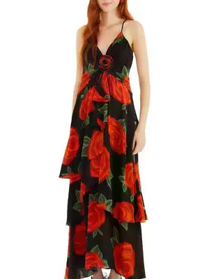 Farm Rio Floral Print Layered V-neck Dress - Red