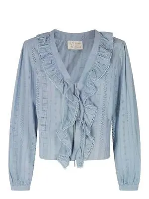 MC2 SAINT BARTH Broderie Anglaise Blouse With Ruffled Trim - Blue