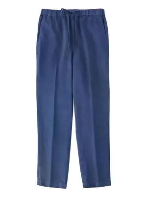 120% Lino Drawstring Waist Linen Trousers - Blue