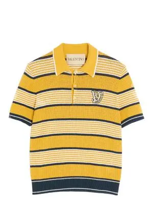 Valentino Garavani Long-sleeved Linen And Cotton Polo Shirt With Vg Patch - Yellow/blue