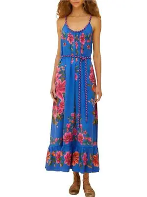 Farm Rio Floral Print Maxi Dress With Rope Detail - Blue