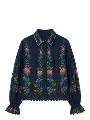 Farm Rio Floral Embroidered Long Sleeve Shirt - Black