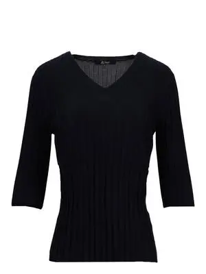 Lela Rose V-neck Ribbed 3/4 Sleeve Sweater - Black