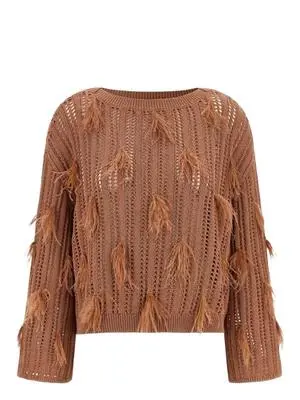 TWINSET Openwork Knit Sweater With Feather Embellishments - Brown