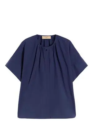 Max Mara Gathered Cotton Poplin Blouse - Navy Blue