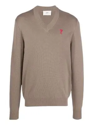 Ami V-neck Jumper With Embroidered Heart Logo - Gray