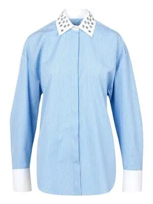 MSGM Striped Shirt With Embellished Collar - Light Blue