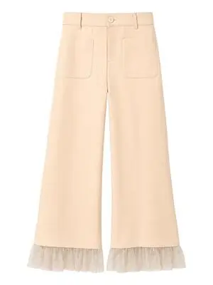 CARMEN SAYS Cream Wide Leg Trousers With Ruffle Hem - White