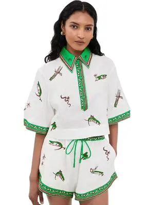 ALEMAIS Wanda Embroidered Linen Cropped Shirt - Ivory