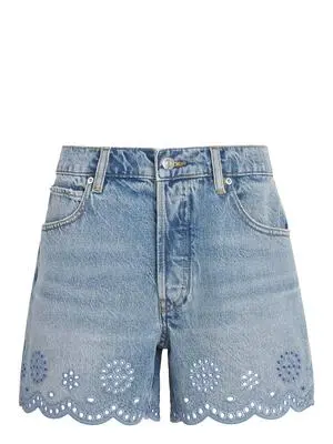 FRAME Long Hang Eyelet Denim Shorts - Blue