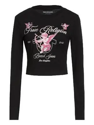 True Religion Cropped Long Sleeve T-shirt With Crystal Embellishments - Black