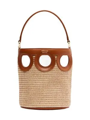 FERRAGAMO Gancini Small Raffia Bucket Bag - Brown
