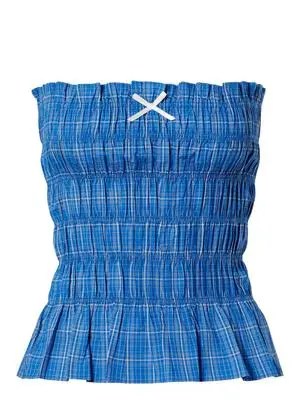 Faithfull The Brand Leya Gathered Plaid Cotton Top - Blue